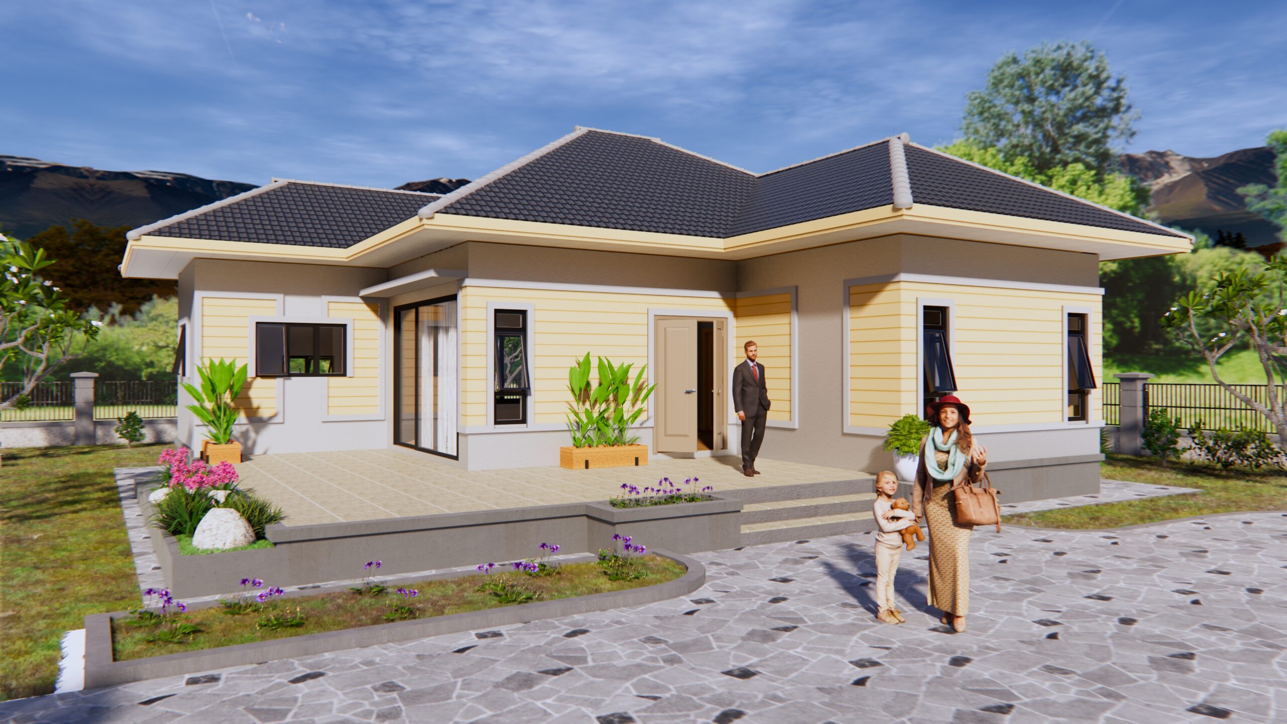 Villa Basse 11.5x10.5 : 3 pièces avec Toit en pente - yourplan-ci